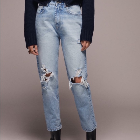 Zara | Jeans | Zara Ripped Mom Jeans Straight Leg Light Wash Distressed ...
